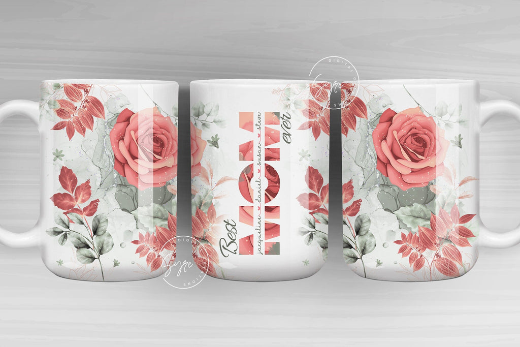 Mother's Day Mug Wrap Design, Add Kids Names, Rose Floral Mug, Mug For ...