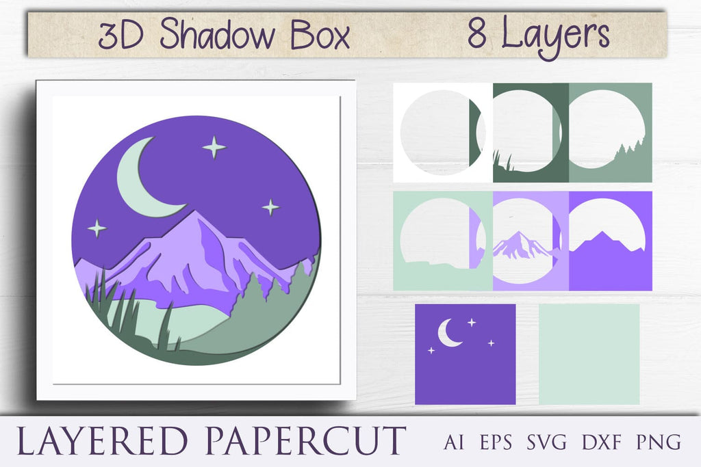 Mountain papercut, 3d layered shadow box template, Laser cut wall decor ...