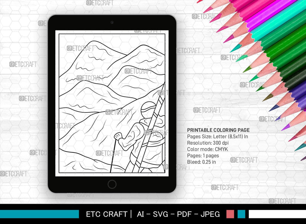 Mountain With Ski Man Printable Coloring Page, PDF Colouring Book, Ins ...