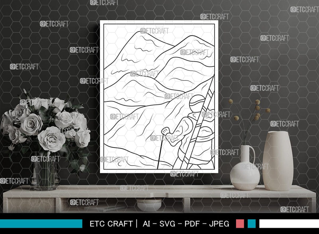 Mountain With Ski Man Printable Coloring Page, PDF Colouring Book, Ins ...