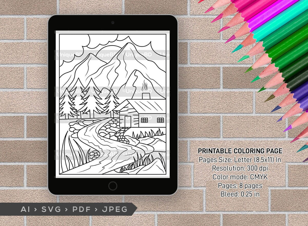 Mountains Behind House Printable Coloring Page Bundle, PDF Colouring ...