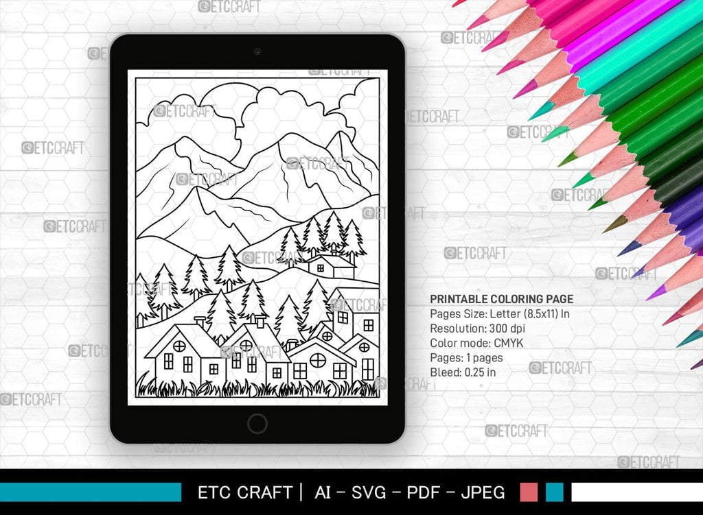 Mountains Behind House Printable Coloring Page, PDF Colouring Book ...