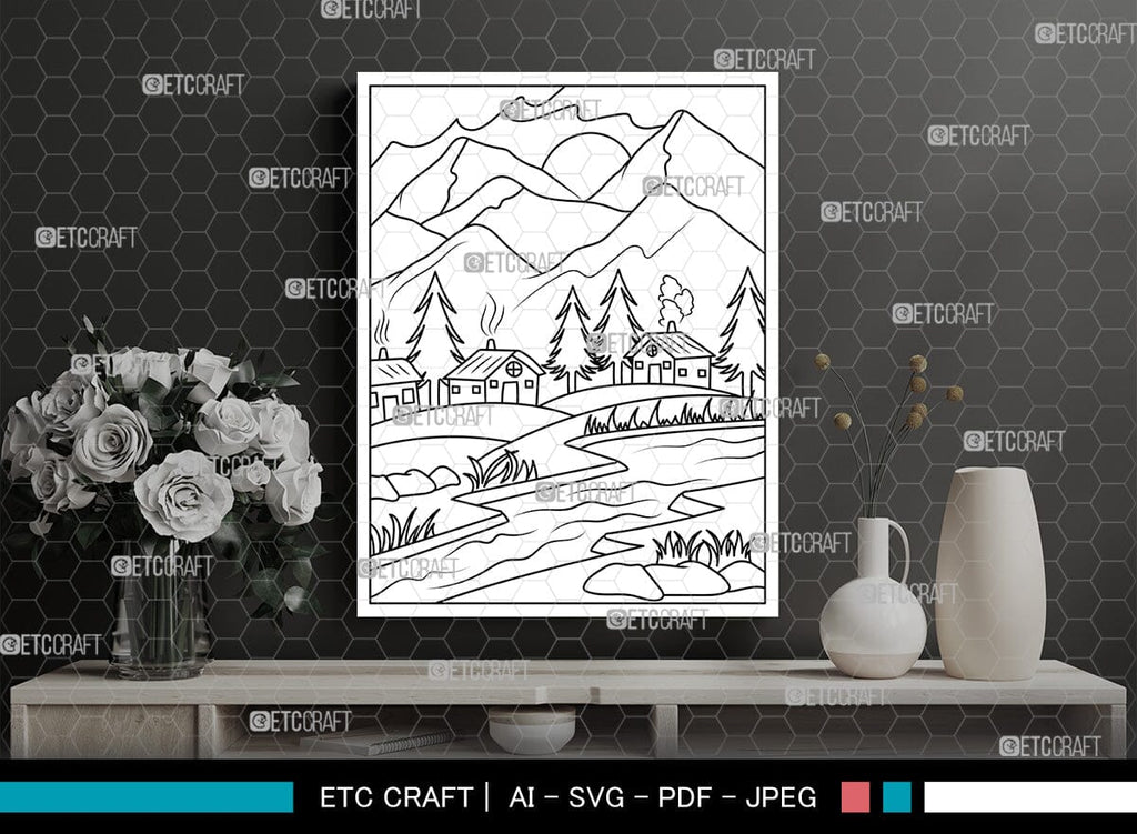 Mountains Behind House Printable Coloring Page, PDF Colouring Book ...