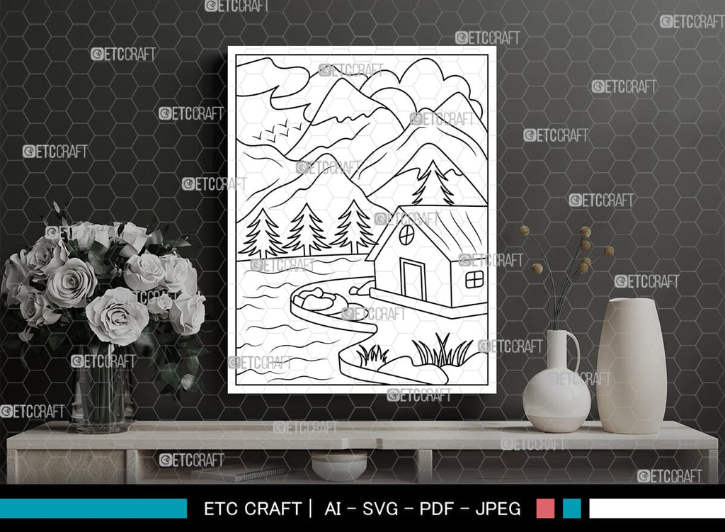 Mountains Behind House Printable Coloring Page, PDF Colouring Book ...