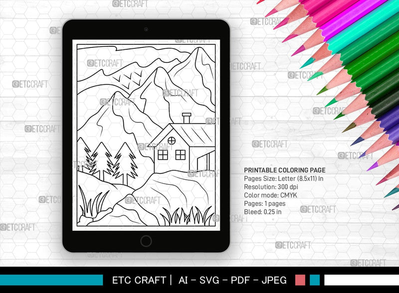 Mountains Behind House Printable Coloring Page, PDF Colouring Book ...