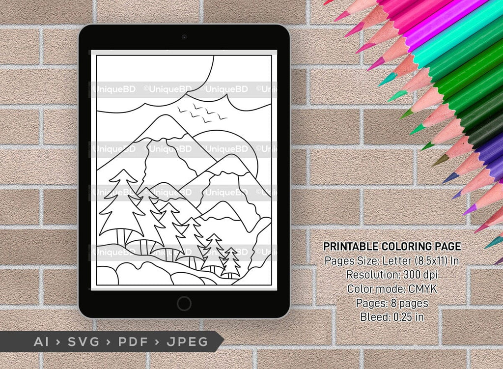 Mountains Spring Season Printable Coloring Page Bundle, PDF Colouring ...