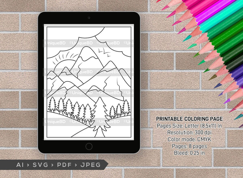Mountains Spring Season Printable Coloring Page Bundle, PDF Colouring ...