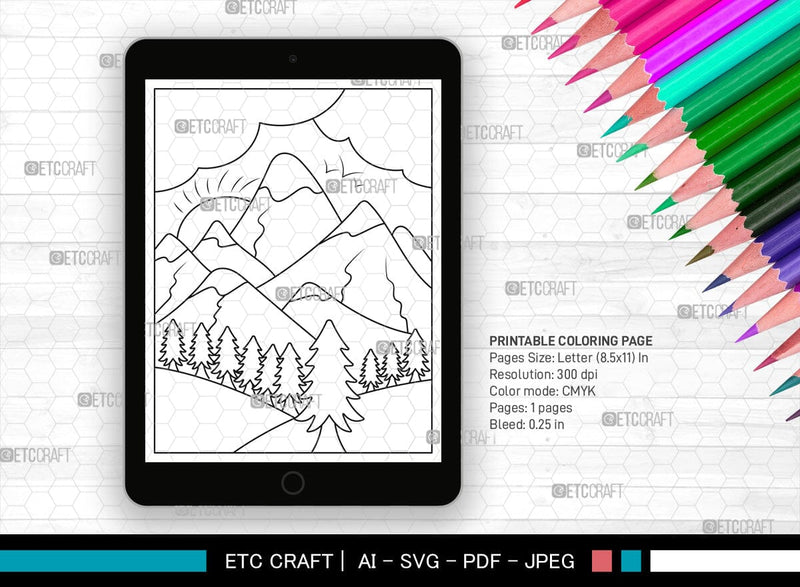 Mountains Spring Season Printable Coloring Page, PDF Colouring Book ...