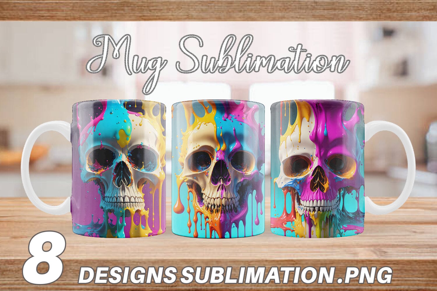 3D Skull Splash art Mug Wrap | Sublimation Coffee Cup - So Fontsy