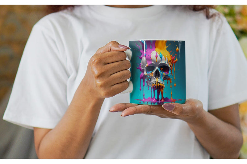3D Skull Splash art Mug Wrap | Sublimation Coffee Cup - So Fontsy