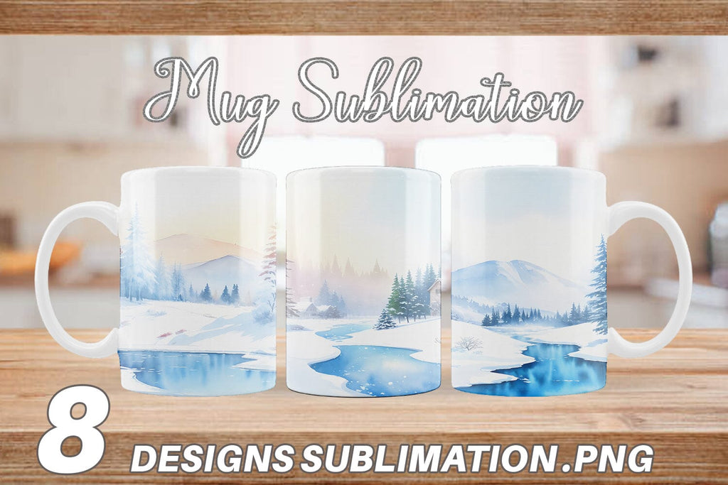 Watercolor Winter landscapes with snow Mug Wrap | Sublimation Coffee ...
