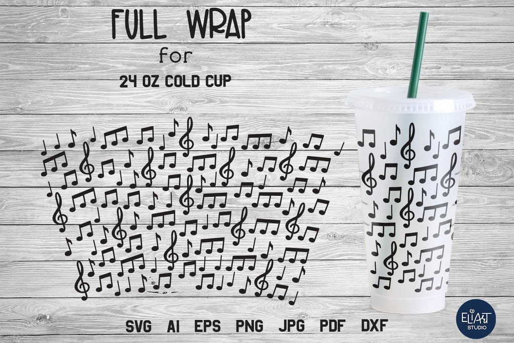 Music Cold Cup Wrap, Music Notes and Treble Clef SVG, Full Wrap. - So ...