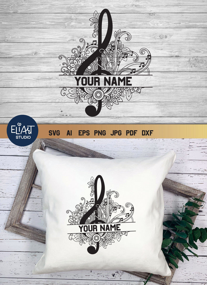 Music Notes SVG, Treble Clef Split Monogram SVG with Flowers. - So Fontsy