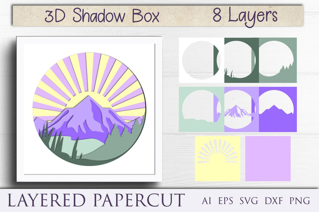 Nature shadow box svg bundle, 3d layered wild landscape, mountain and ...