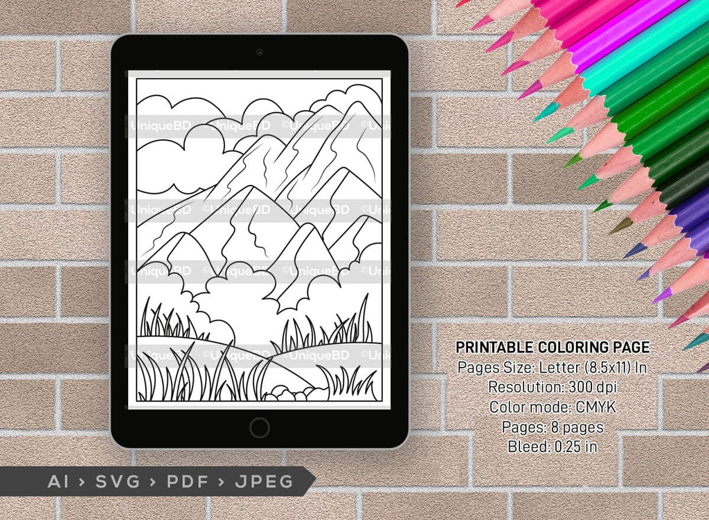 Nature With Mountains Printable Coloring Page Bundle, PDF Colouring ...