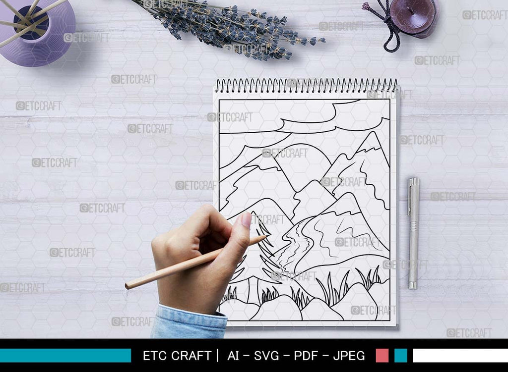 Nature With Mountains Printable Coloring Page, PDF Colouring Book ...