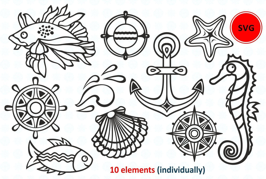 Sea life svg icon bundle underwater dxf vector illustrations Fish set ...