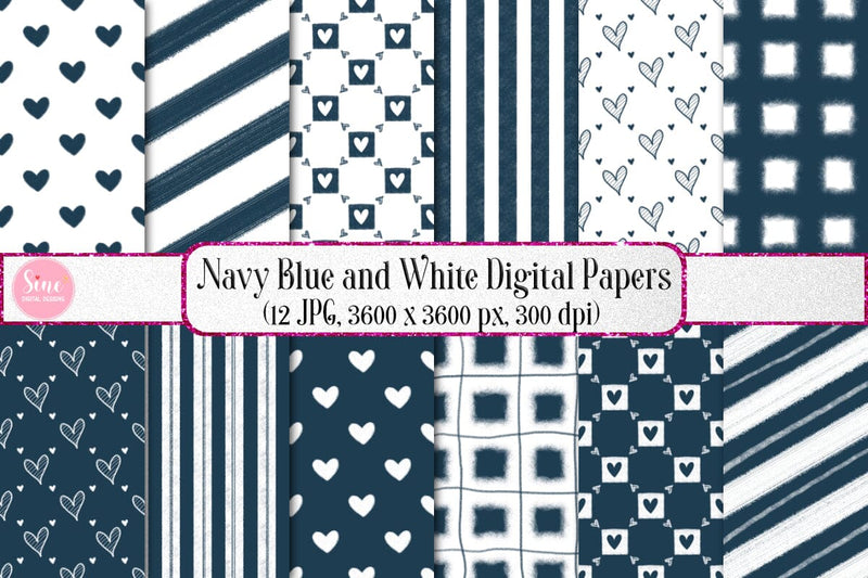 Navy Blue and White Valentines Digital Papers Backgrounds Set - So Fontsy