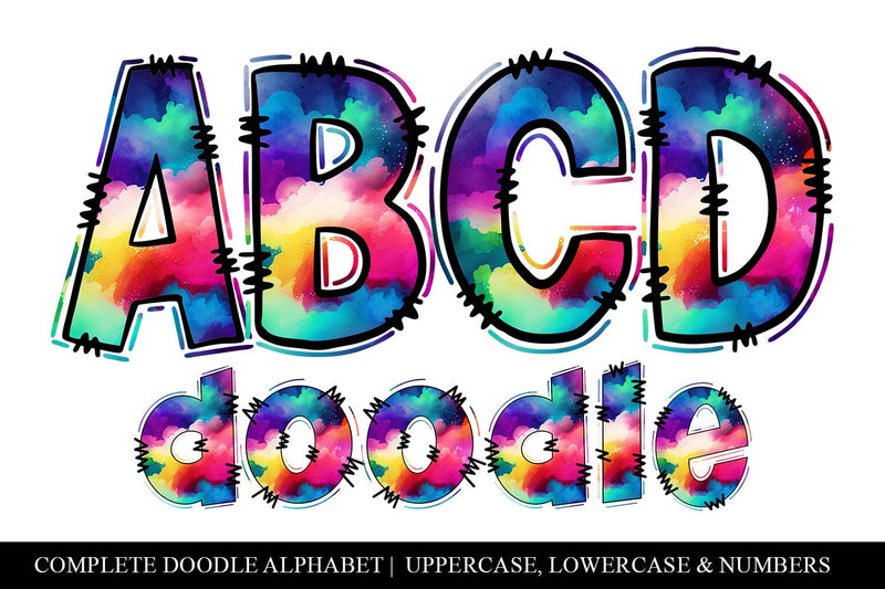 Neon Clouds Doodle Alphabet & Number Set - Individual PNGs - So Fontsy