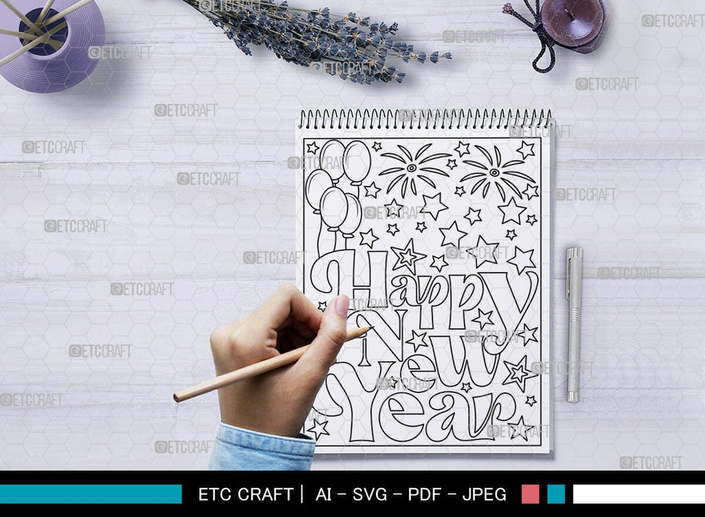 New Year Printable Coloring Page Cut File, PDF Colouring Book, Instant ...