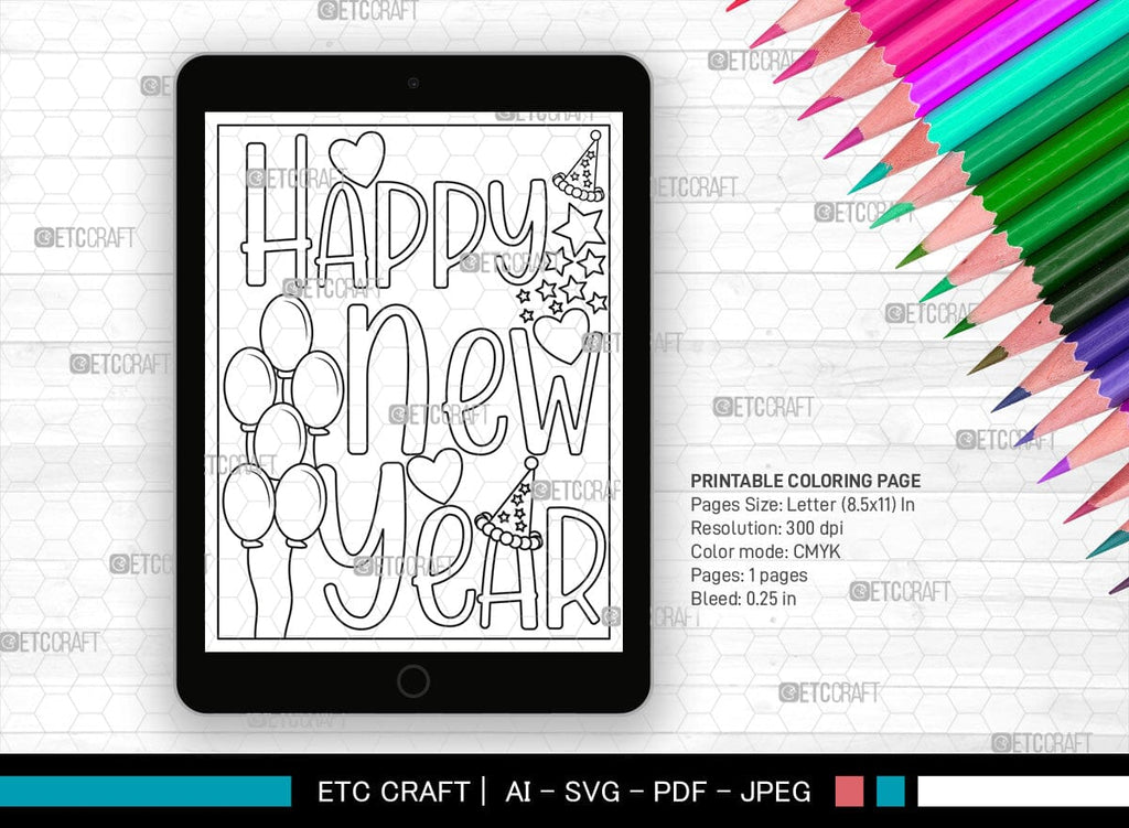 New Year Printable Coloring Page Cut File, PDF Colouring Book, Instant ...