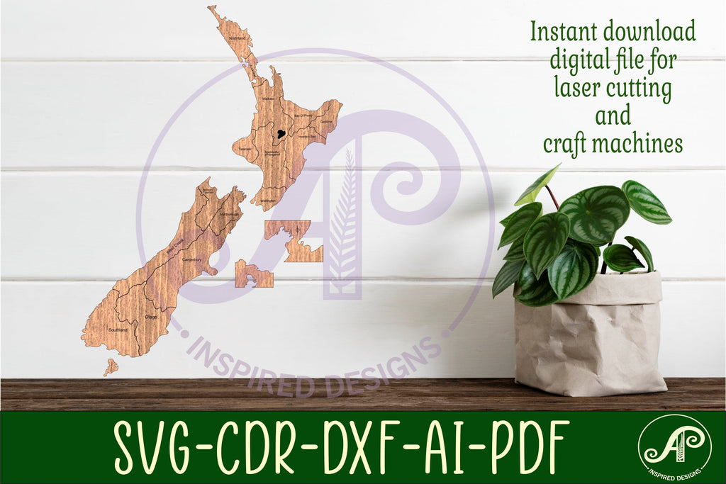 New Zealand with engraved regions cut out SVG laser - So Fontsy