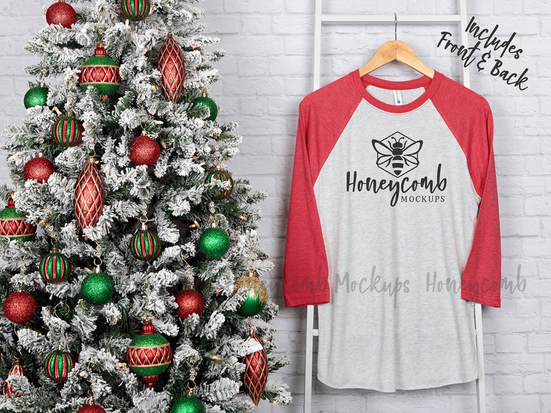 Next Level 6051 Heather White/Vintage Red Raglan Mockup, Christmas ...
