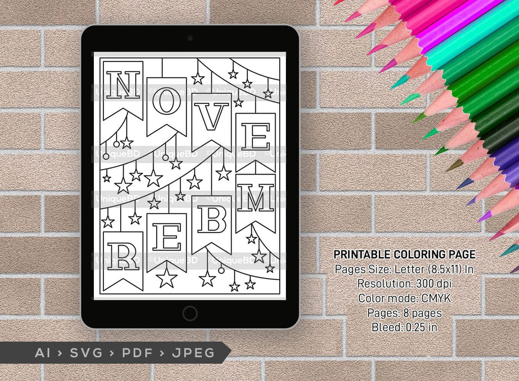 November Month Printable Coloring Page Bundle, PDF Colouring Book, Ins ...