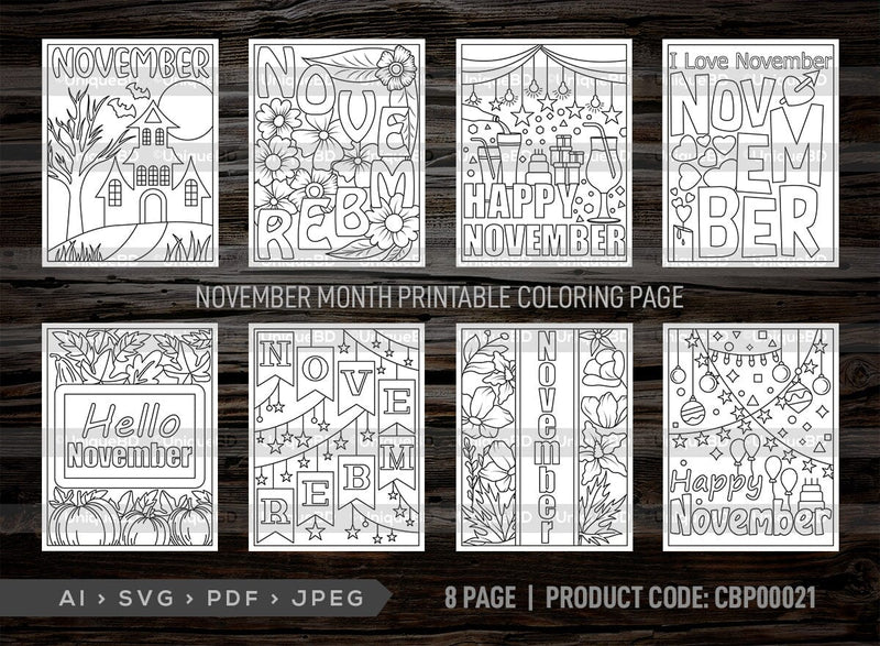 November Month Printable Coloring Page Bundle, PDF Colouring Book, Ins ...