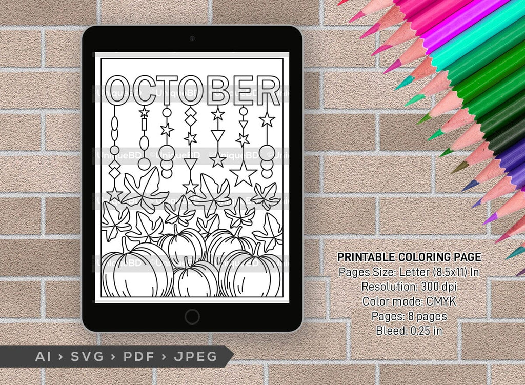 October Month Printable Coloring Page Bundle, PDF Colouring Book ...
