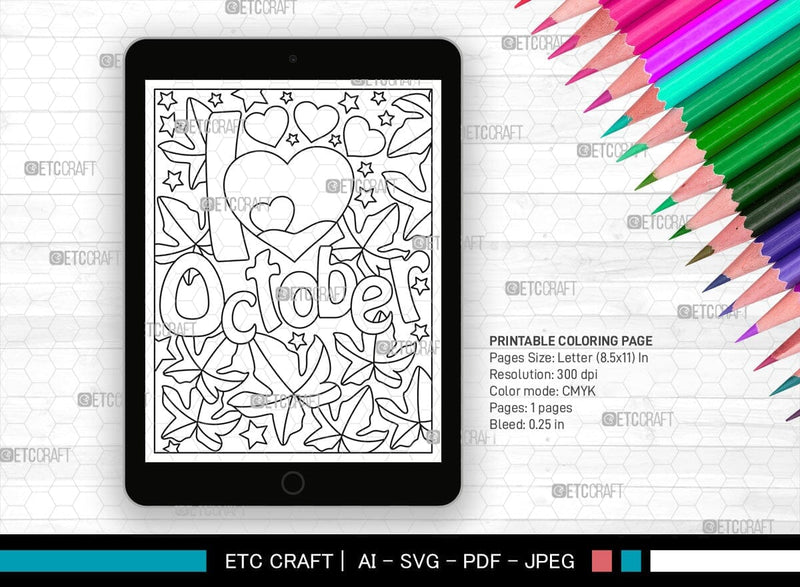 October Month Printable Coloring Page Cut File, PDF Colouring Book ...