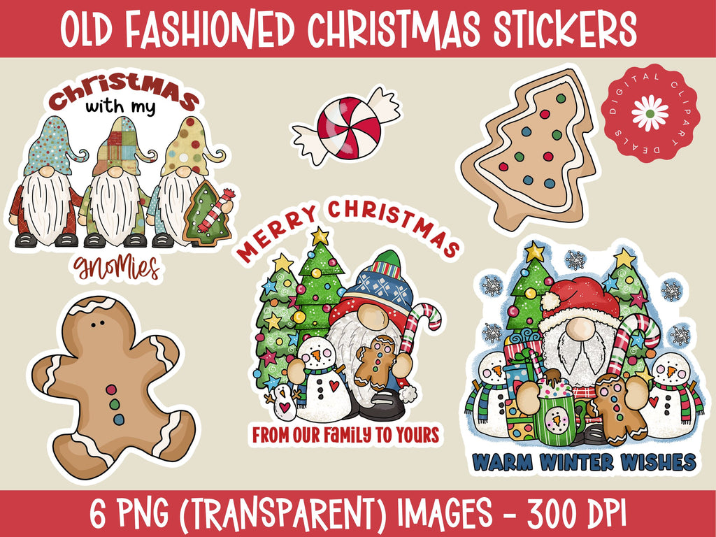 Old Fashioned Sticker Set - Set of 6 Christmas Stickers - So Fontsy