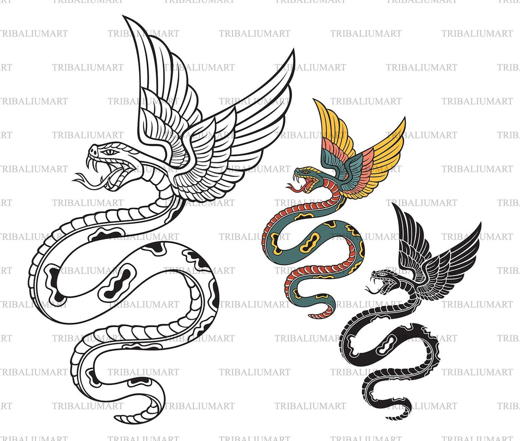 Old School Style Tattoo Snake with Wings. Cut file for Cricut. Clip Art ...