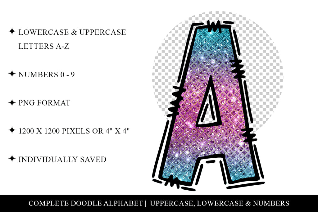 Ombre Doodle Letters, Hand Drawn Sublimation Alphabet - So Fontsy