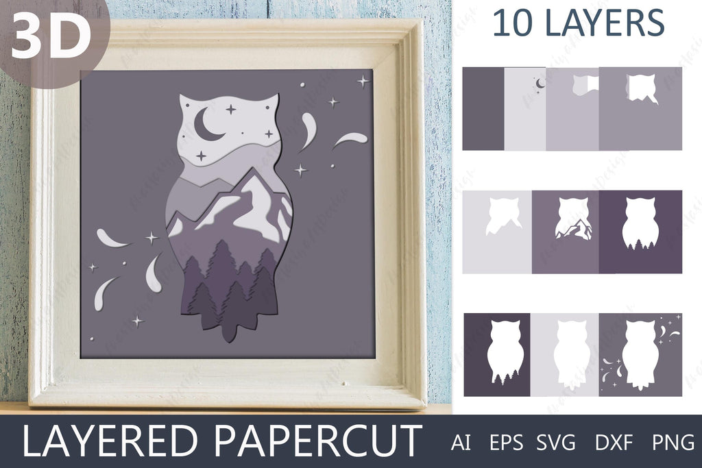 Owl shadow box svg, Layered 3d papercut mountain, Wall art laser cut ...