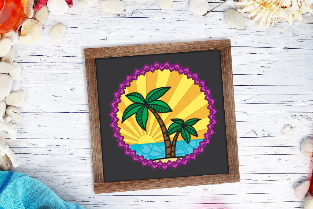 Palm Tree SVG, 3d Layered Summer Beach SVG, Sunset SVG. - So Fontsy