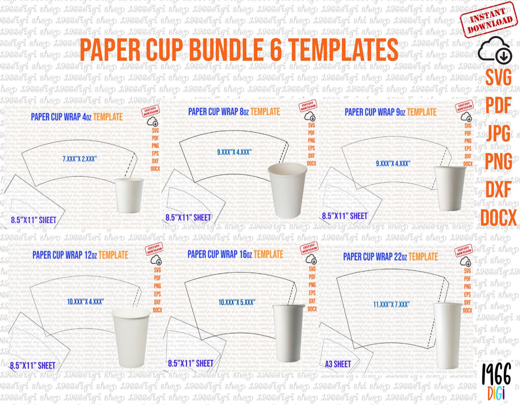 Paper Cup Bundle Template, 4oz, 8oz, 9oz, 12oz, 16oz, 22oz, Full Wrap ...