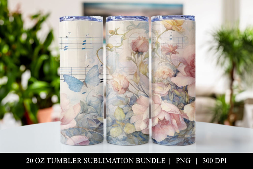 Pastel Floral Music 20 oz Skinny Tumbler Sublimation Design - So Fontsy