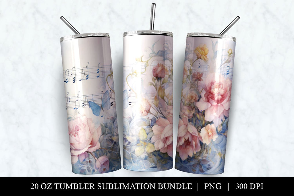 Pastel Floral Music 20 oz Skinny Tumbler Sublimation Design - So Fontsy