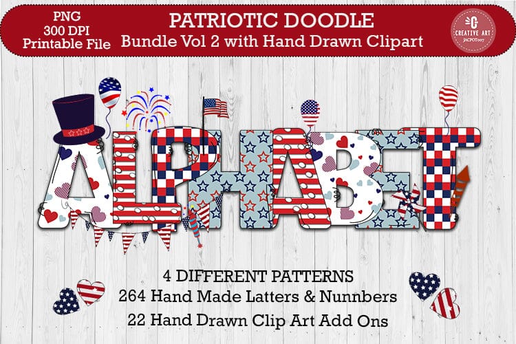 Patriotic Doodle Alpabhet Bundle, 4th of July Alphabet PNG - So Fontsy
