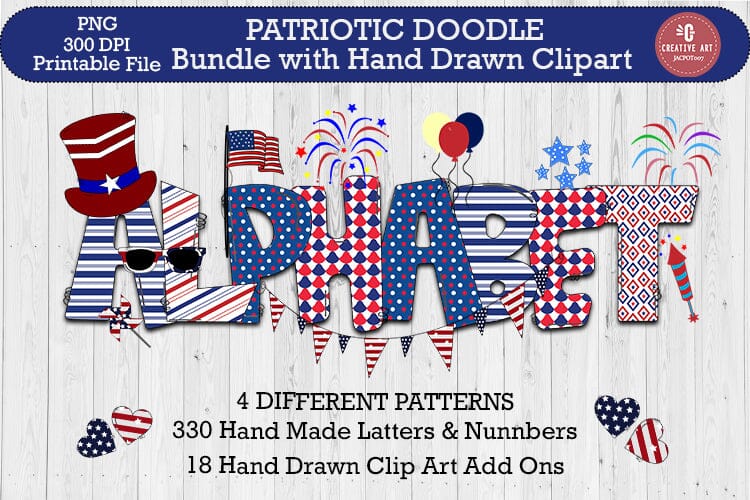 Patriotic Doodle Alphabet Bundle with Hand Drawn Clipart - So Fontsy