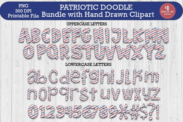 Patriotic Doodle Alphabet Bundle with Hand Drawn Clipart - So Fontsy