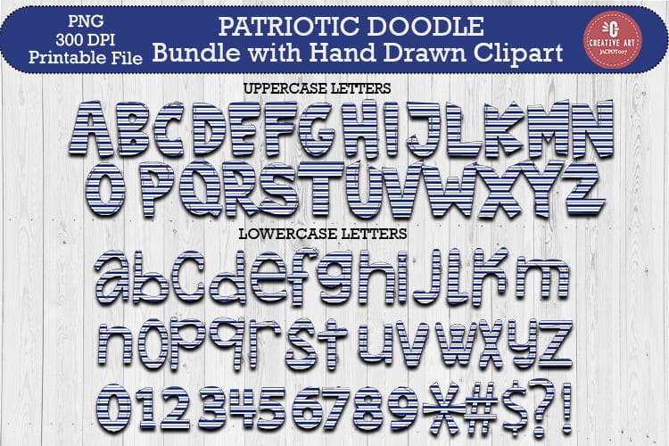 Patriotic Doodle Alphabet Bundle with Hand Drawn Clipart - So Fontsy
