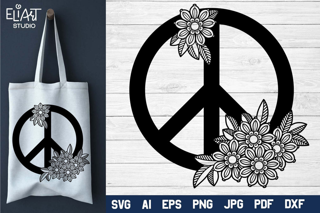 Peace Sign SVG Design, Floral Peace Symbol PNG with Flowers - So Fontsy