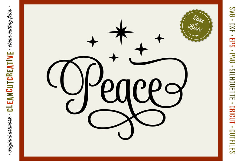 Peace SVG - Christmas word art with swirls and stars - SVG craft file ...