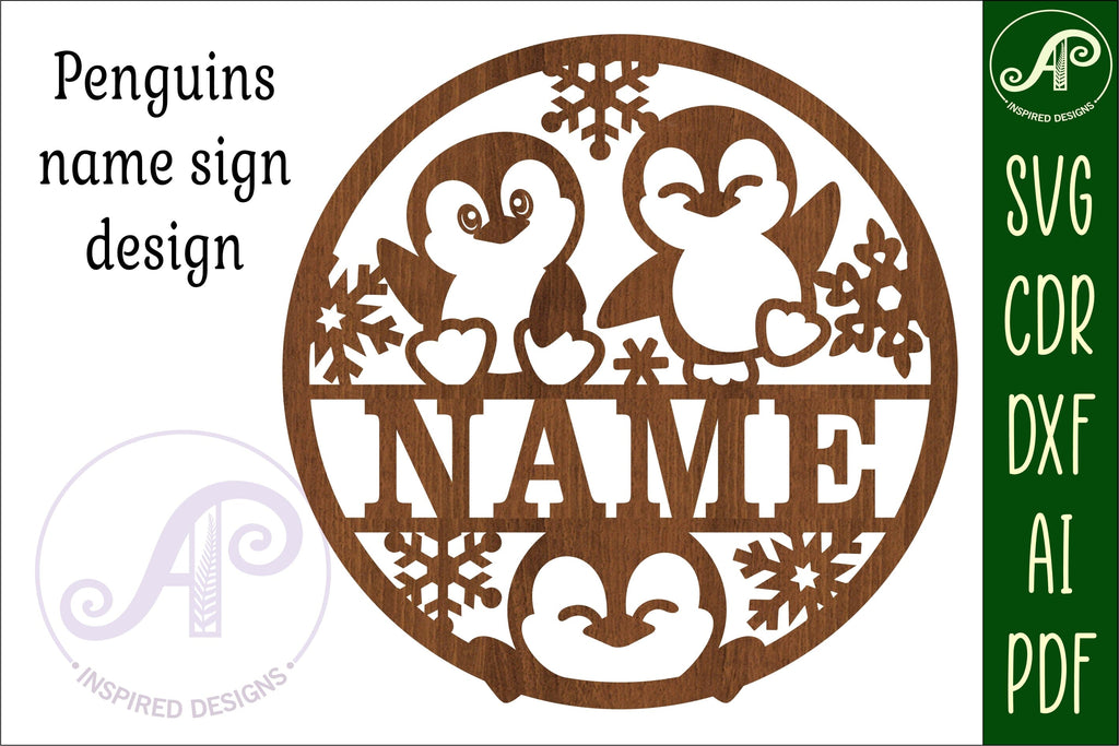 Penguins name sign svg laser cut template - So Fontsy