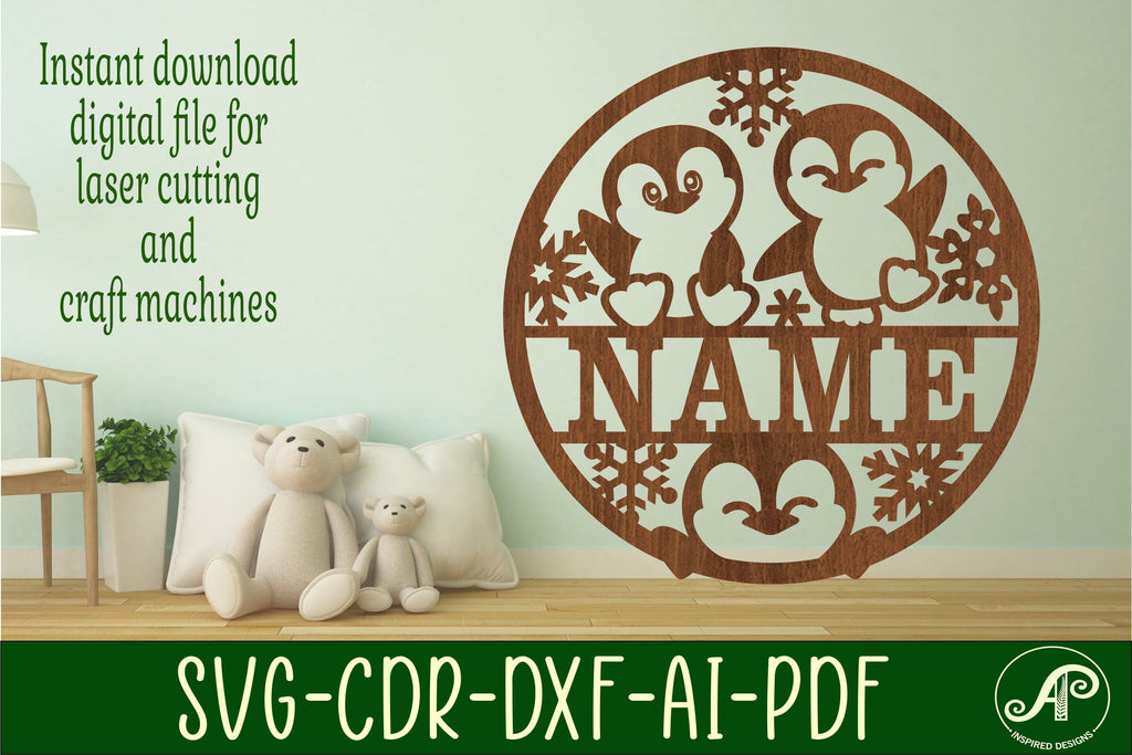 Penguins name sign svg laser cut template - So Fontsy