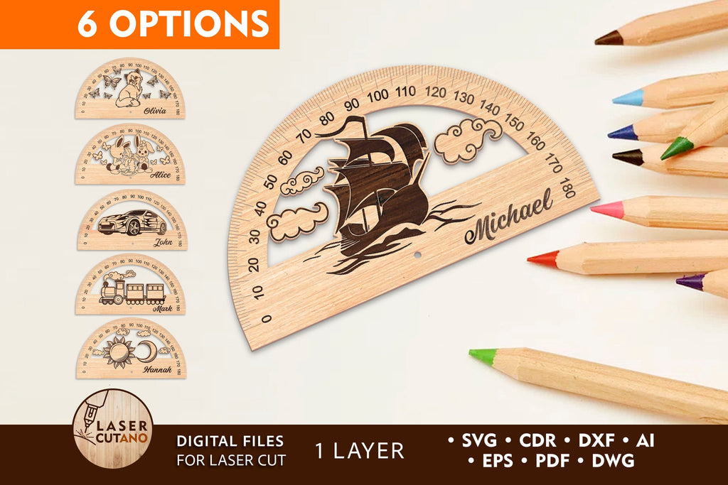 Personalised Wooden Protractor Ruler Kids Bundle Laser Cut Template ...