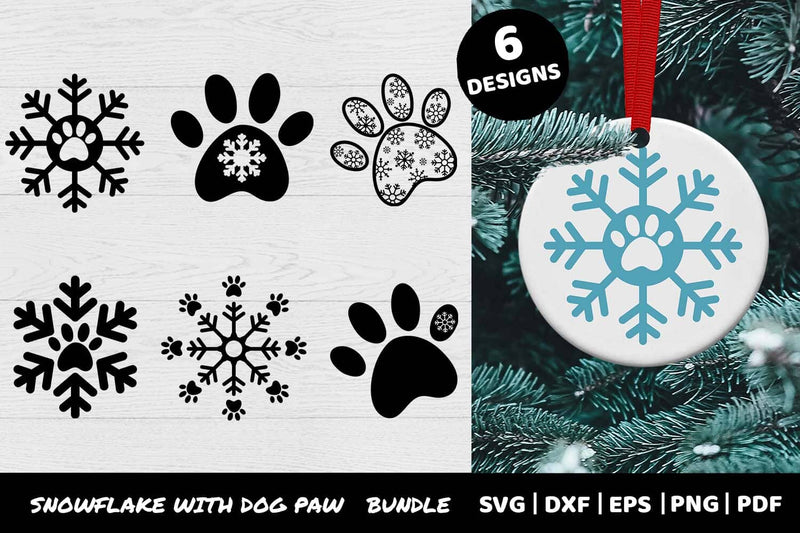 Pet Christmas Ornament SVG | Snowflake Dog Paw Print - So Fontsy