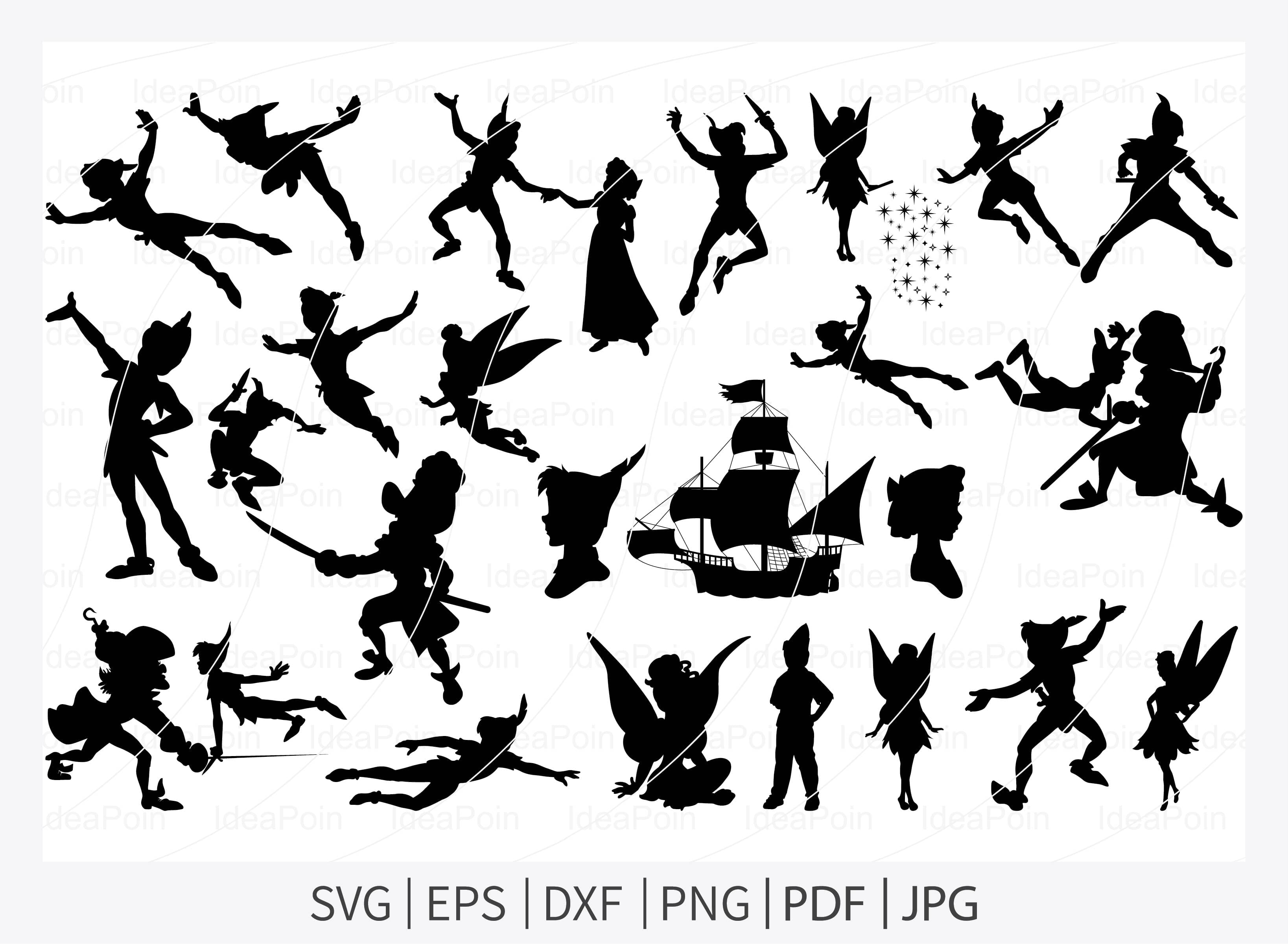 Silhueta Voadora De Peter Pan 50 Mega Bundle Peter Pan SVG PNG Cut